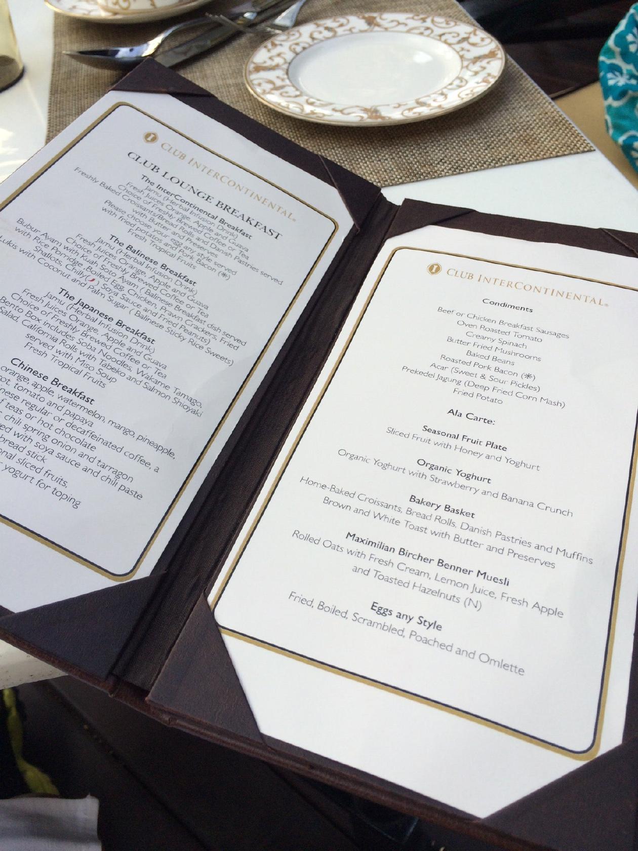 Menu at Club InterContinental, Jimbaran