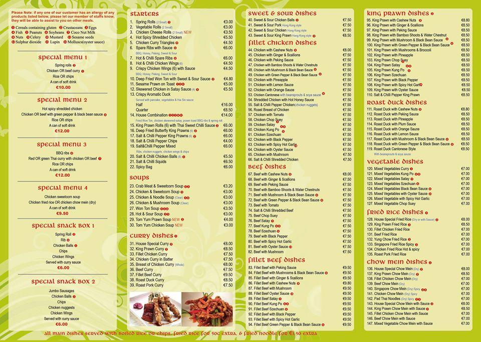 Menu at Fine Rice restaurant, Dublin