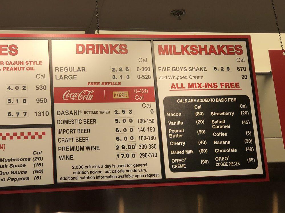 Menu at Five Guys fast food, South Lake Tahoe, B Lake Tahoe Blvd