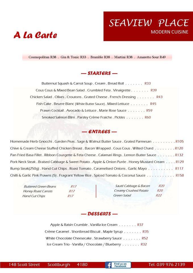 Menu at Seaview Place Restaurant, Scottburgh