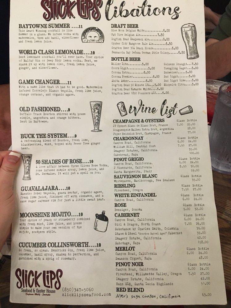 Menu at Slick Lips Seafood & Oyster House restaurant, Miramar Beach