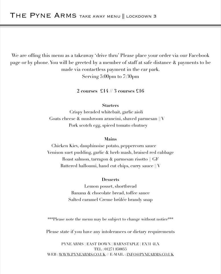 Menu at Pyne Arms pub & bar, East Down