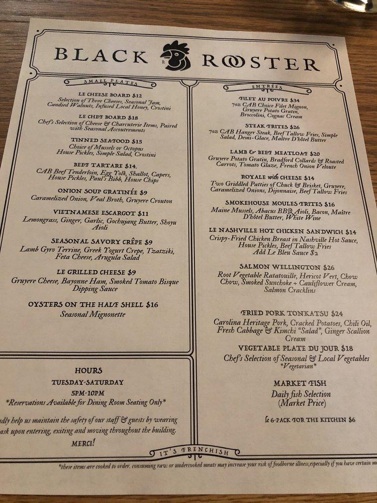 Menu at Black Rooster restaurant, West Columbia