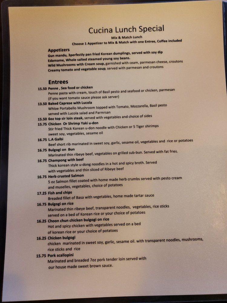 Menu at Cucina restaurant, Rocky Mountain House