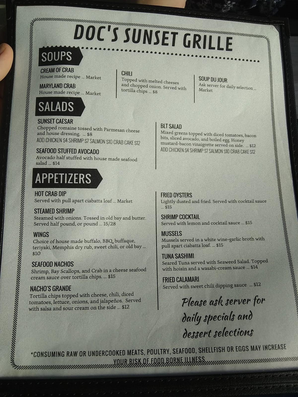 Menu at Doc's Sunset Grille restaurant, Oxford