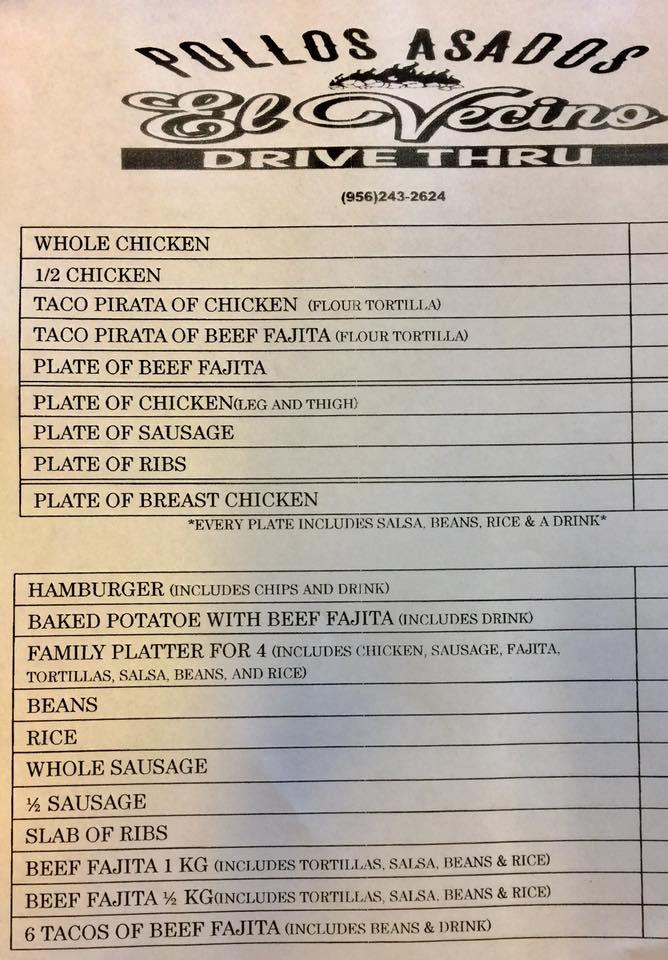 Menu at Pollos Asados El Vecino BBQ, San Benito