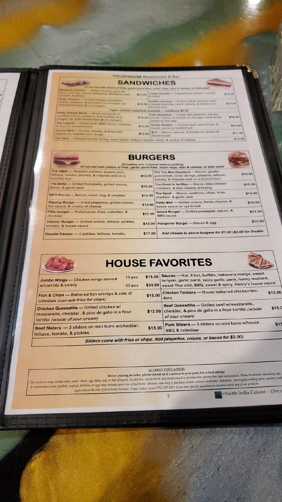 Menu at Pour House pizzeria, Pahrump
