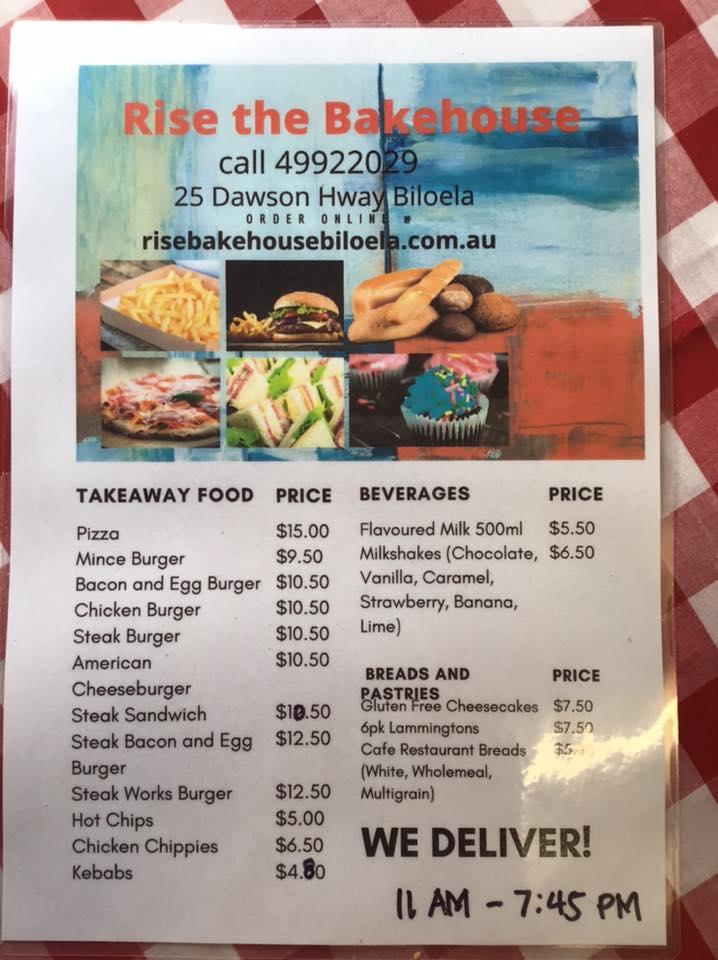 Menu at Rise Bakehouse Cafe, Biloela