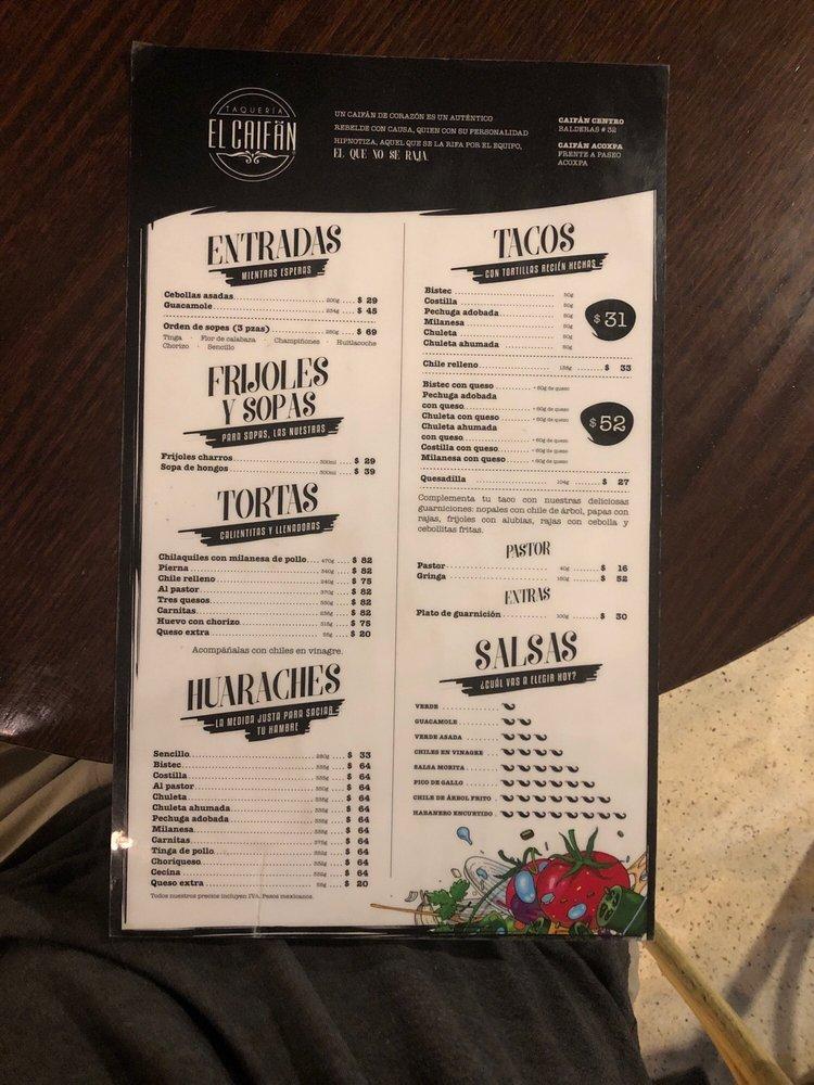 Carta del restaurante Taquería El Caifán Alameda, Ciudad López Mateos