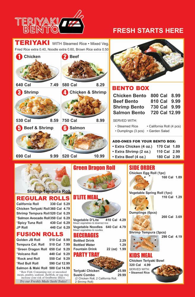 Menu at Teriyaki Bento restaurant, Hollywood