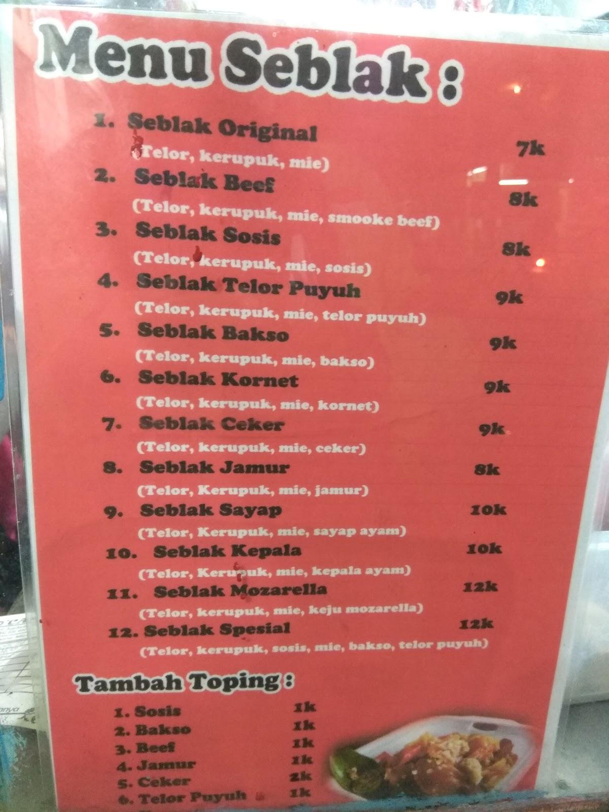 Menu at De Seblak restaurant, Semarang