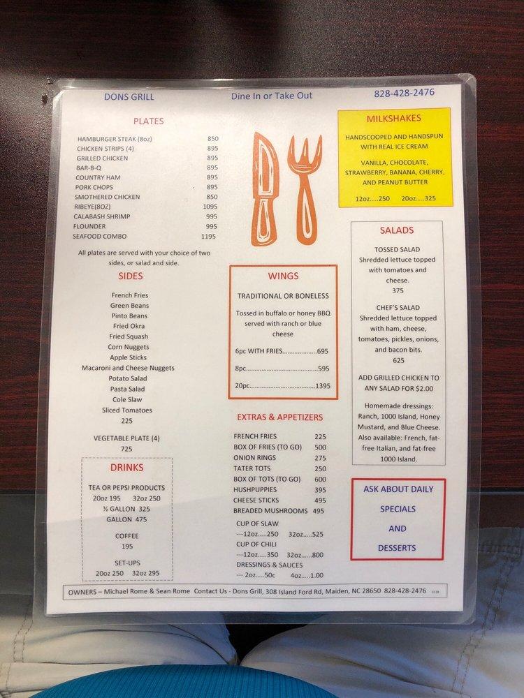 Menu at Don's Grill restaurant, Maiden