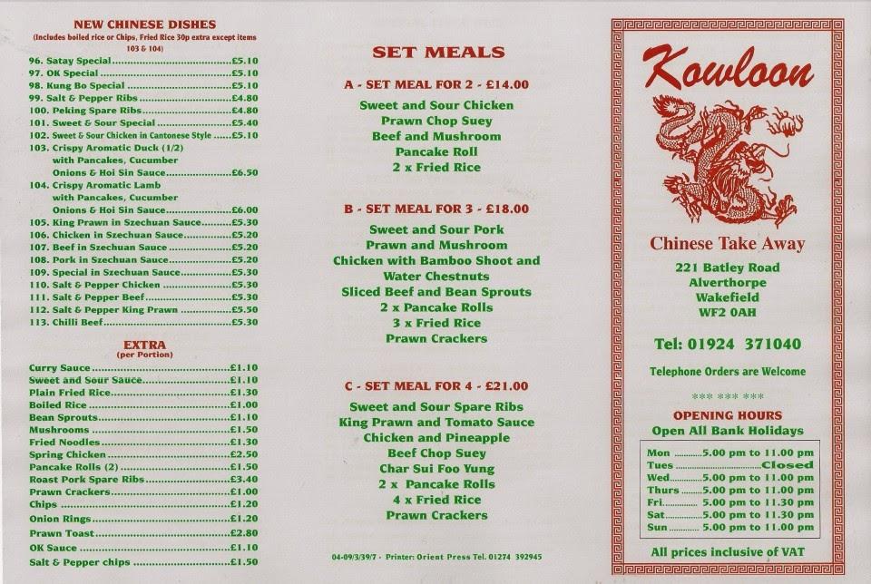 Menu at Kowloon Chinese Take Away fast food, Wakefield