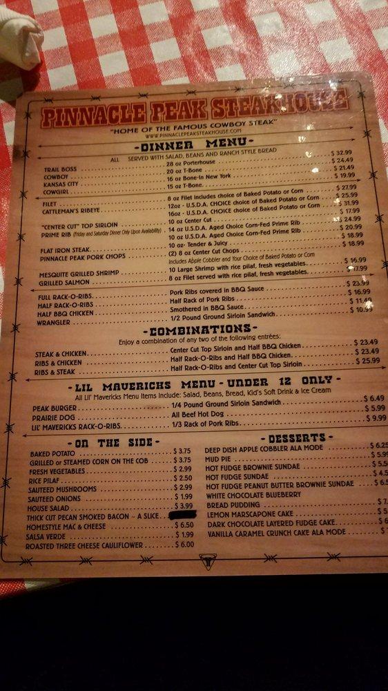 Menu at Pinnacle Peak Steakhouse, San Dimas