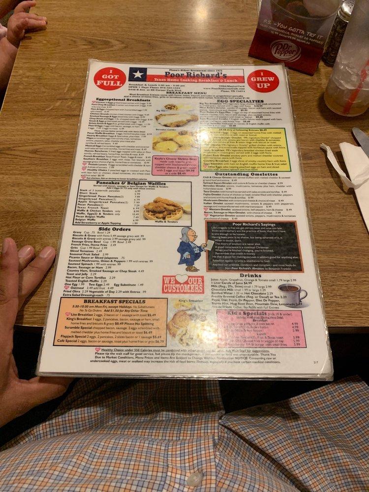 Menu at Poor Richard's Cafe, Plano