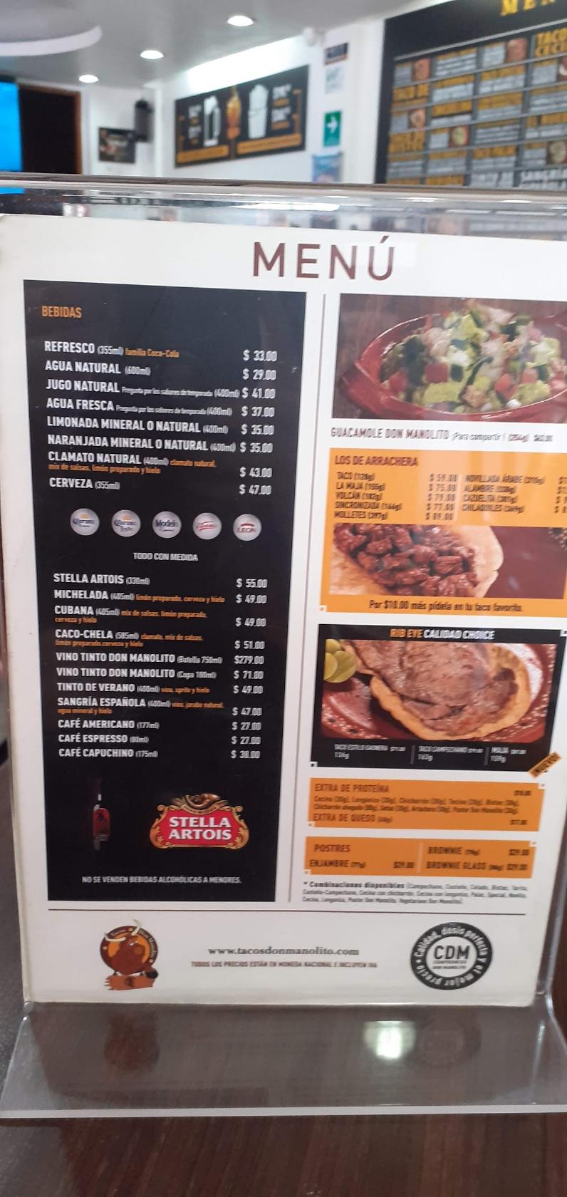 Carta del restaurante Tacos Don Manolito, Ciudad del México, Aguayo 49