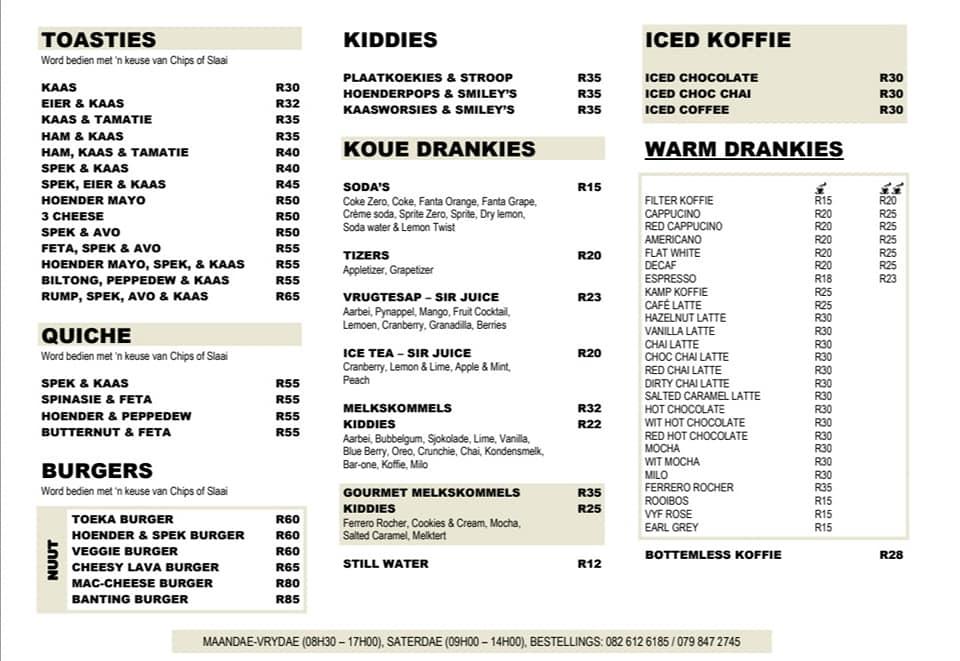 Menu at Toeka Deli & Koffie Winkel cafe, Lichtenburg