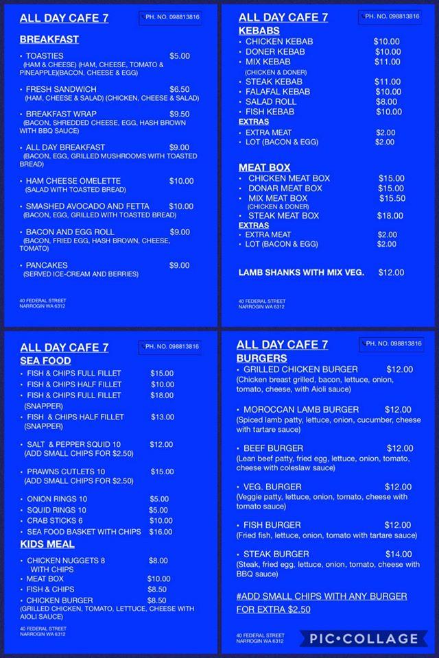 Menu at All Day Cafe 7, Narrogin