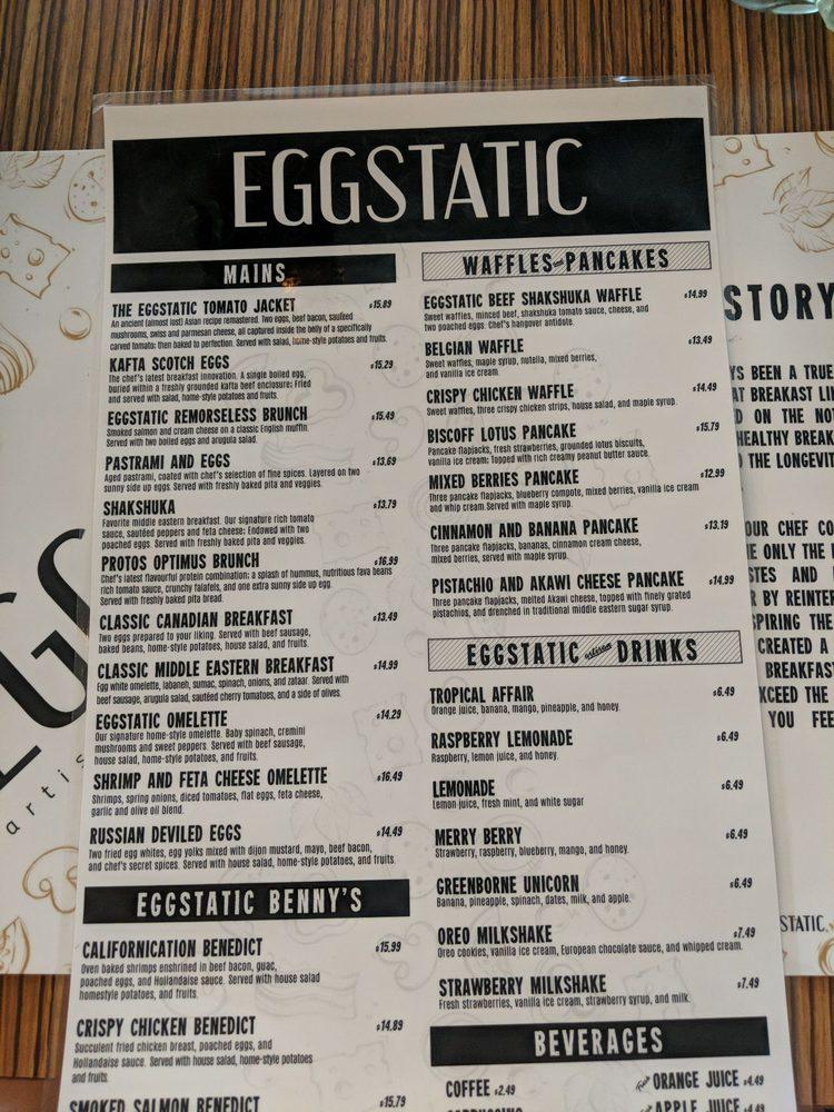 Menu at Eggstatic Toronto restaurant, Toronto