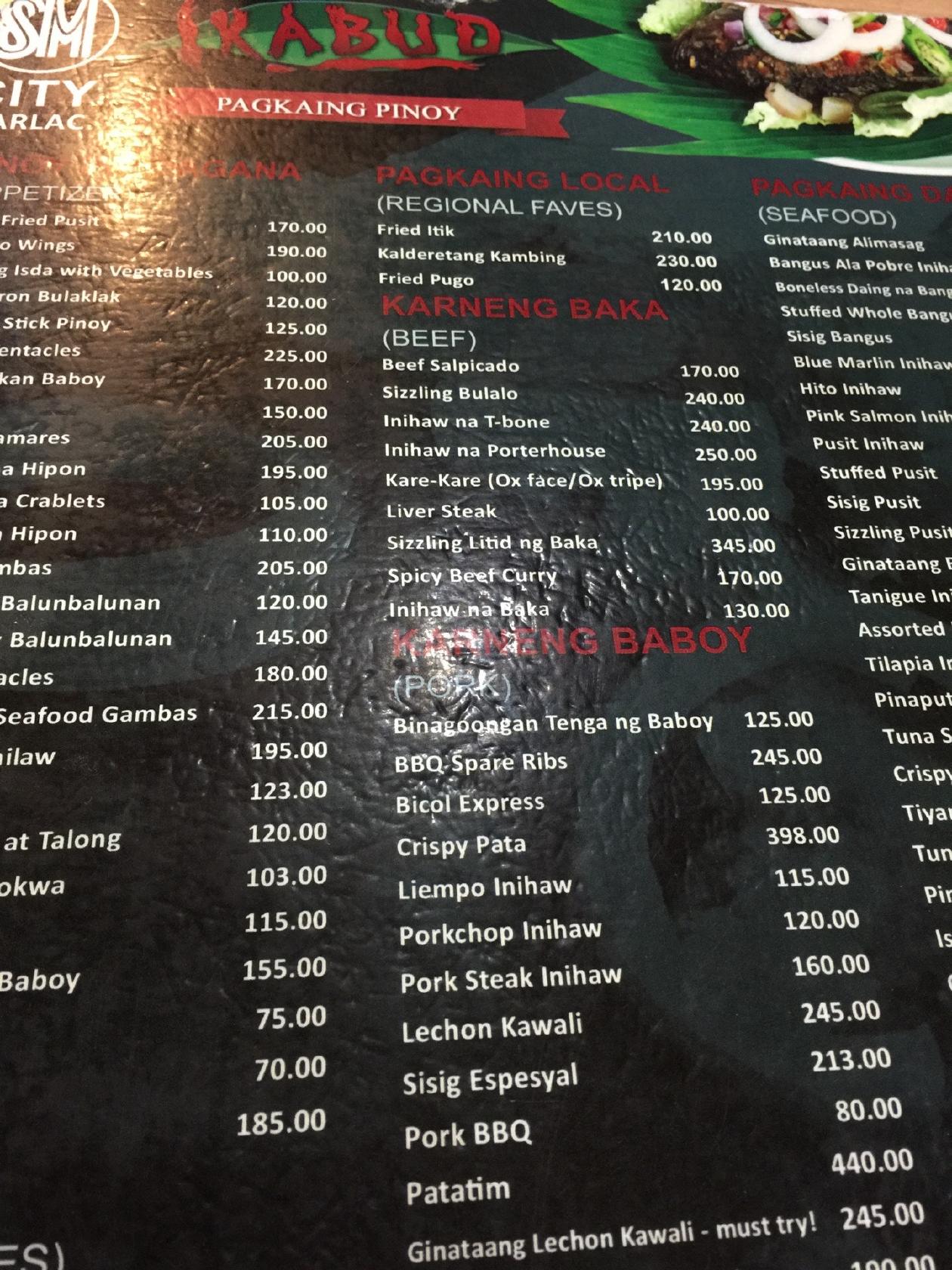 Menu at IKABUD restaurant, Tarlac City