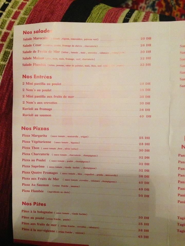 Menu at La Flambée restaurant, Rabat, Mabella