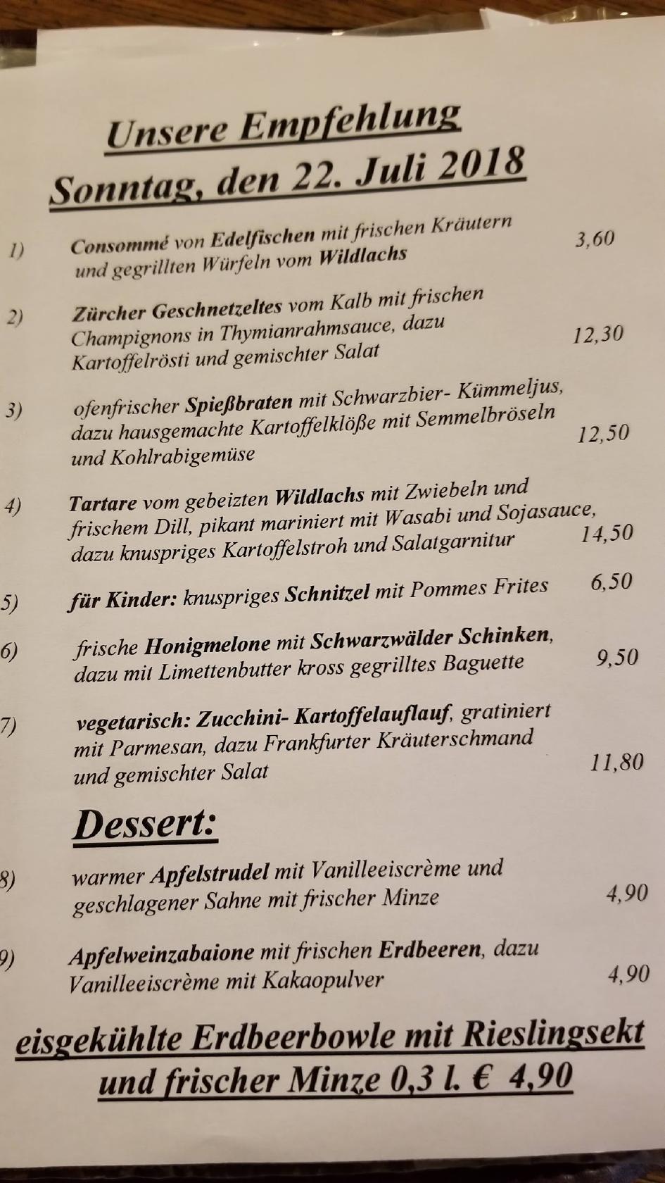 Menu at Apfelwein Wagner restaurant, Frankfurt