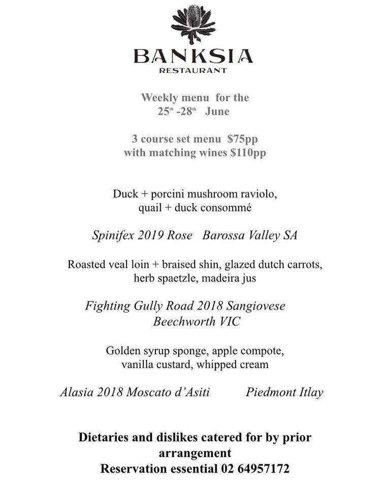 Menu at Banksia Restaurant, Pambula