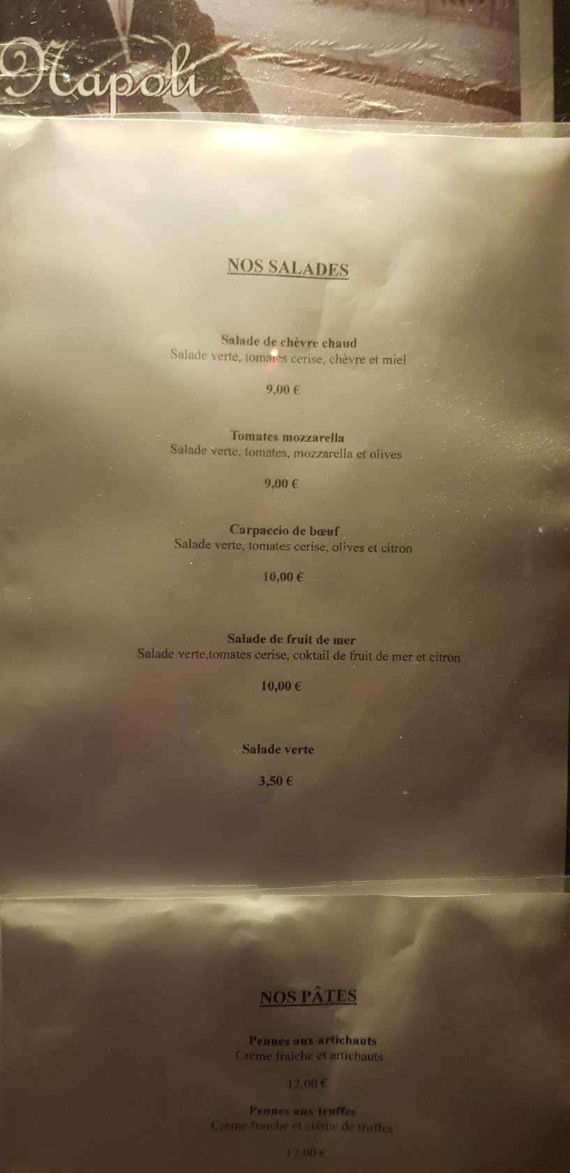 Menu at Bella Napoli restaurant, Vaison-la-Romaine