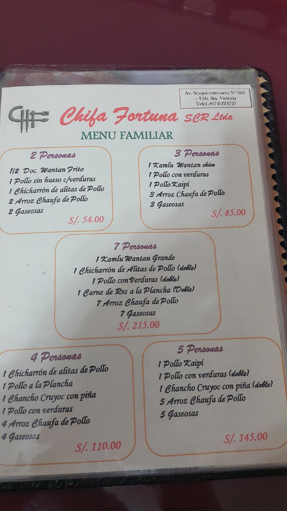 Menu at Chifa Fortuna restaurant, Chiclayo, Av. Sta. Victoria