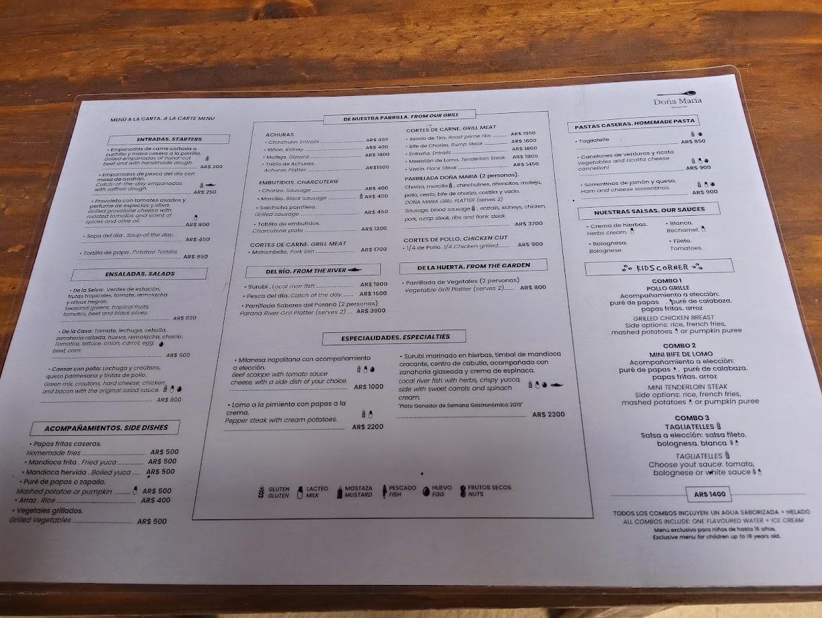 Menu at Doña Maria Restaurante, Puerto Iguazú
