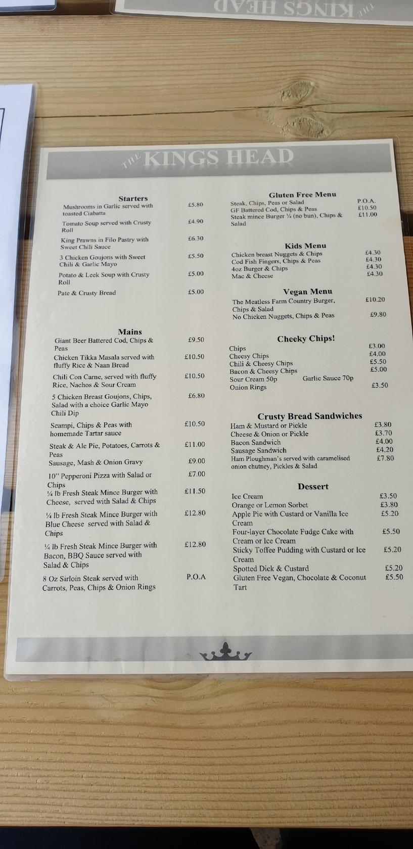 Menu at Kings Head pub & bar, Docklow