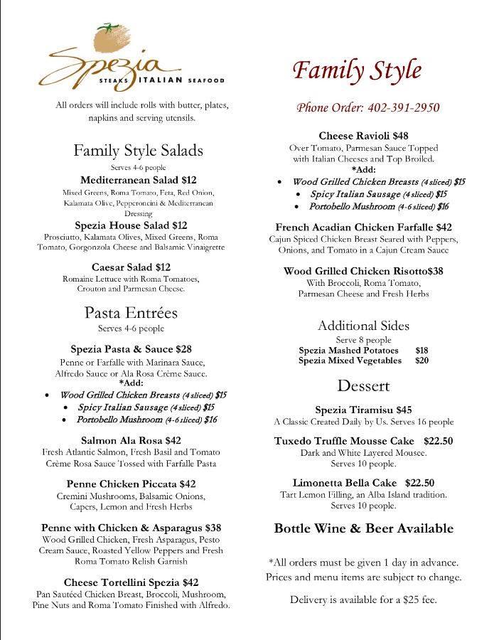 Menu at Spezia Omaha restaurant, Omaha