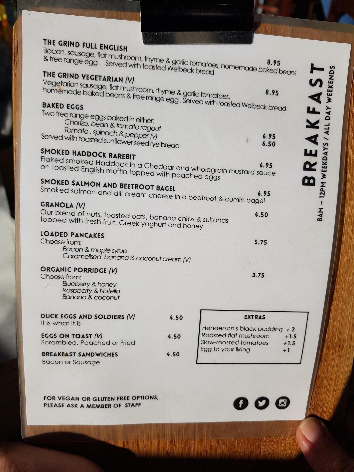 Menu at The Grind Cafe, Sheffield, Cornwall Works