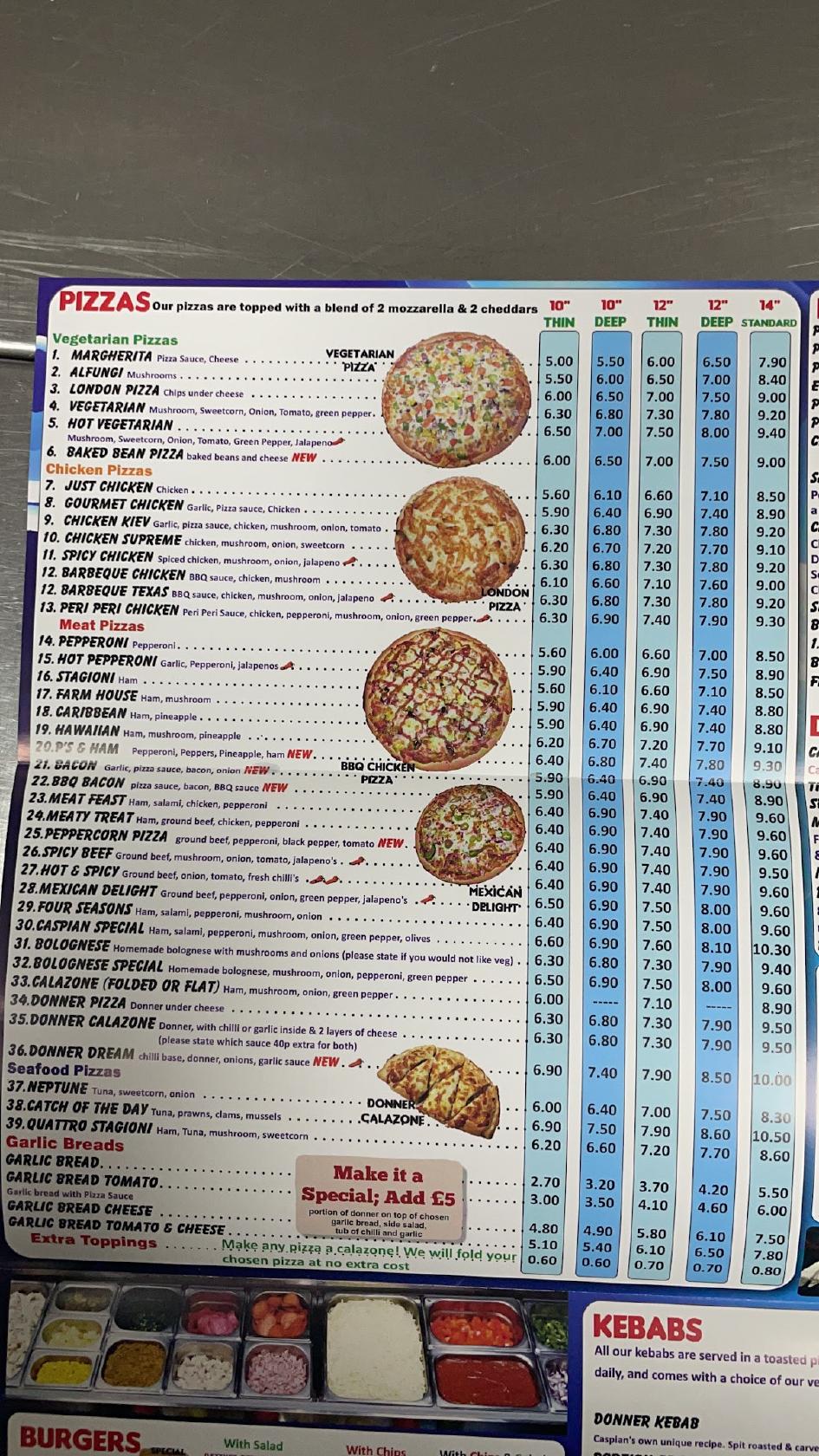 Menu at Caspian Kebab fast food, Birtley, 18 Talbot Ter