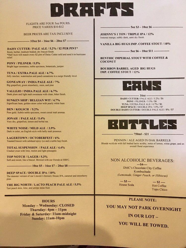 Menu at Half Acre Beer pub & bar, Chicago