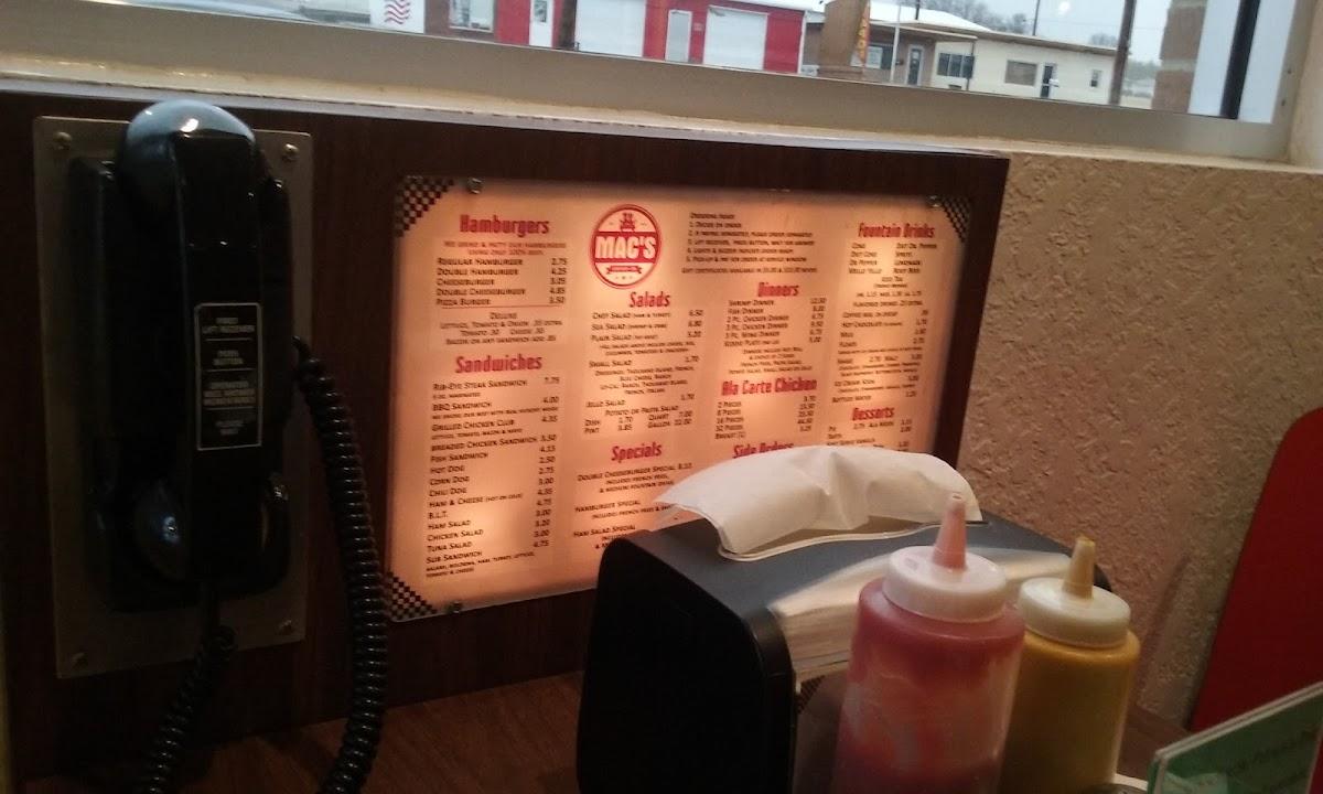 Menu at Mac's Drive-In restaurant, McCook