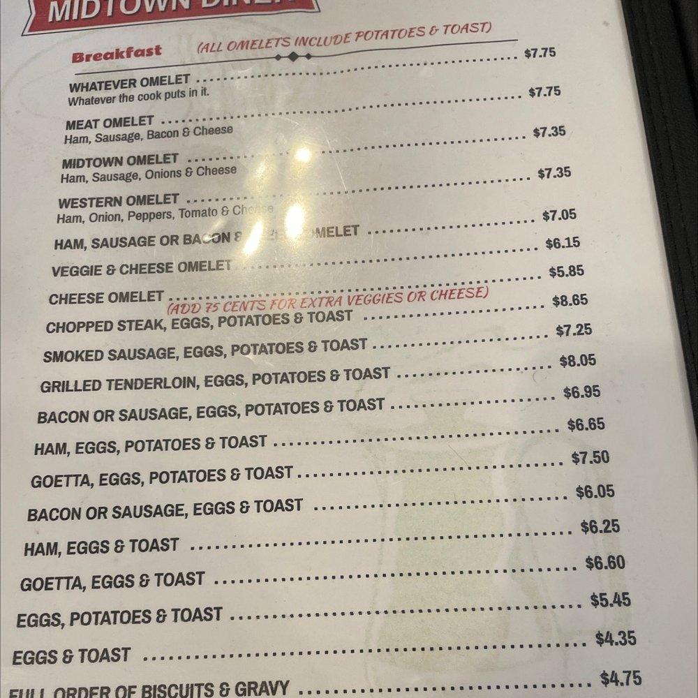 Menu at Midtown Diner restaurant, New Point