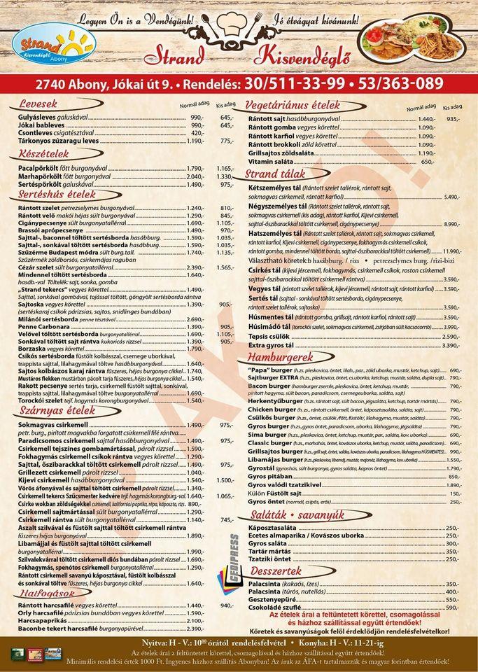 Menu at Strand büfé restaurant, Abony