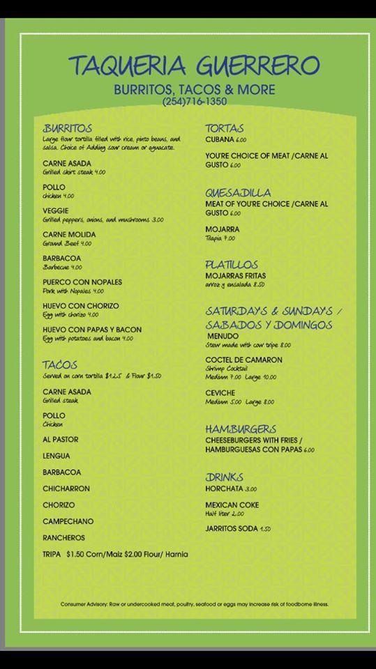Menu at Taqueria Guerrero restaurant, Waco
