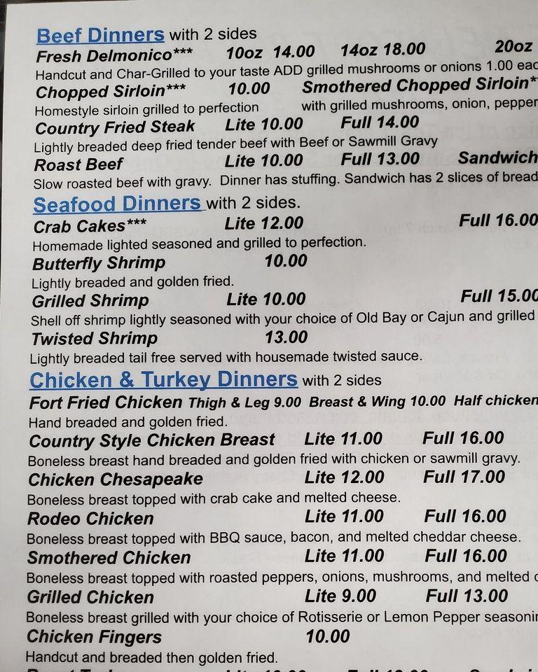 Menu at The New Fort Restaurant, Burnt Cabins