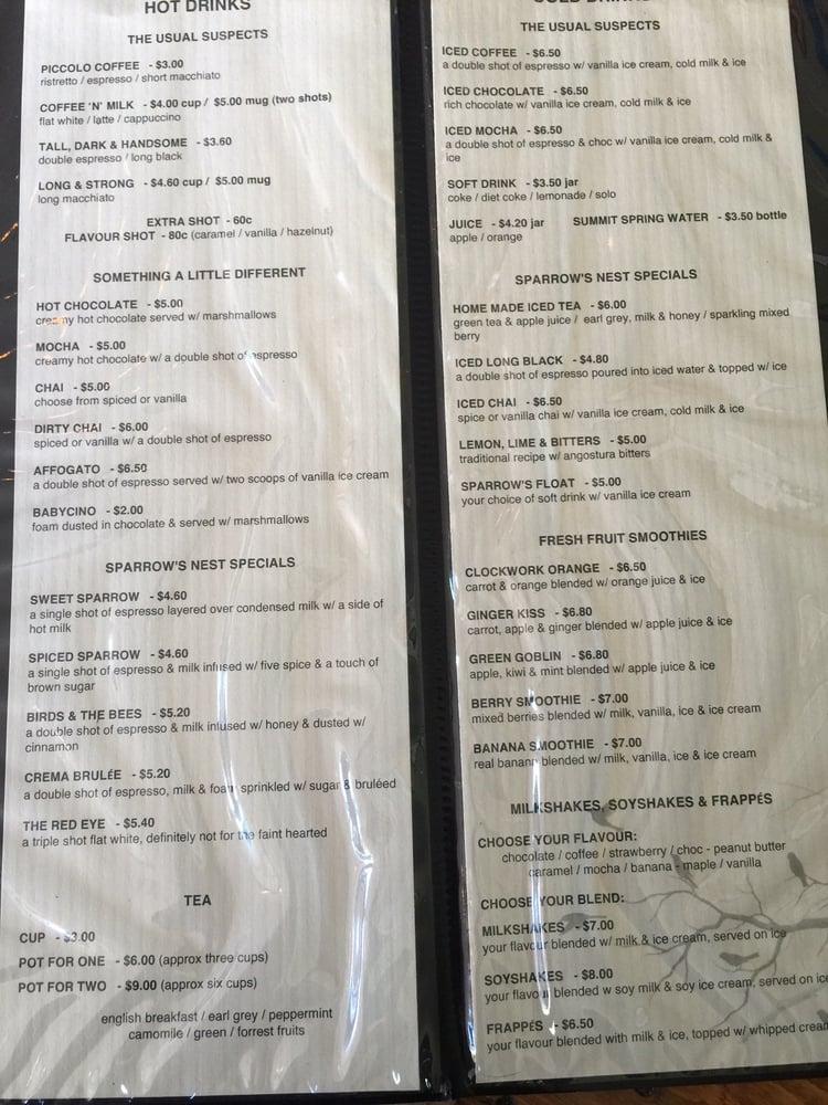 Menu at The Sparrow's Nest cafe, East Victoria Park
