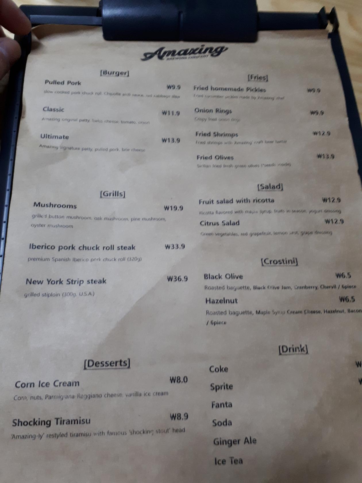 Menu at Amazing Brewing Company pub & bar, Incheon