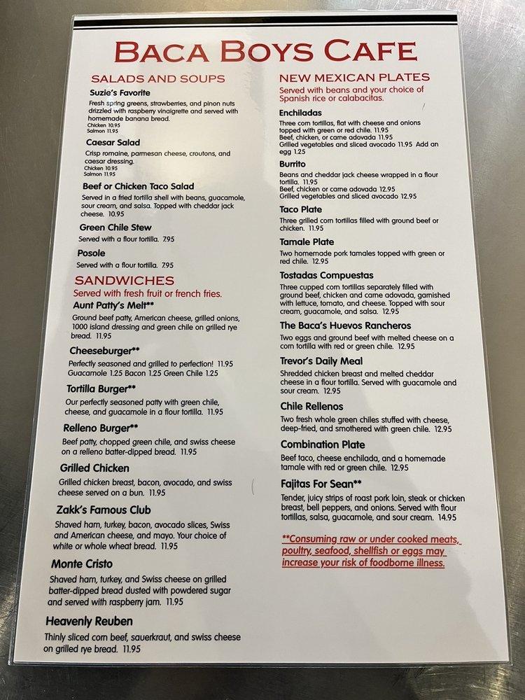 Menu at Baca Boys Cafe, Albuquerque