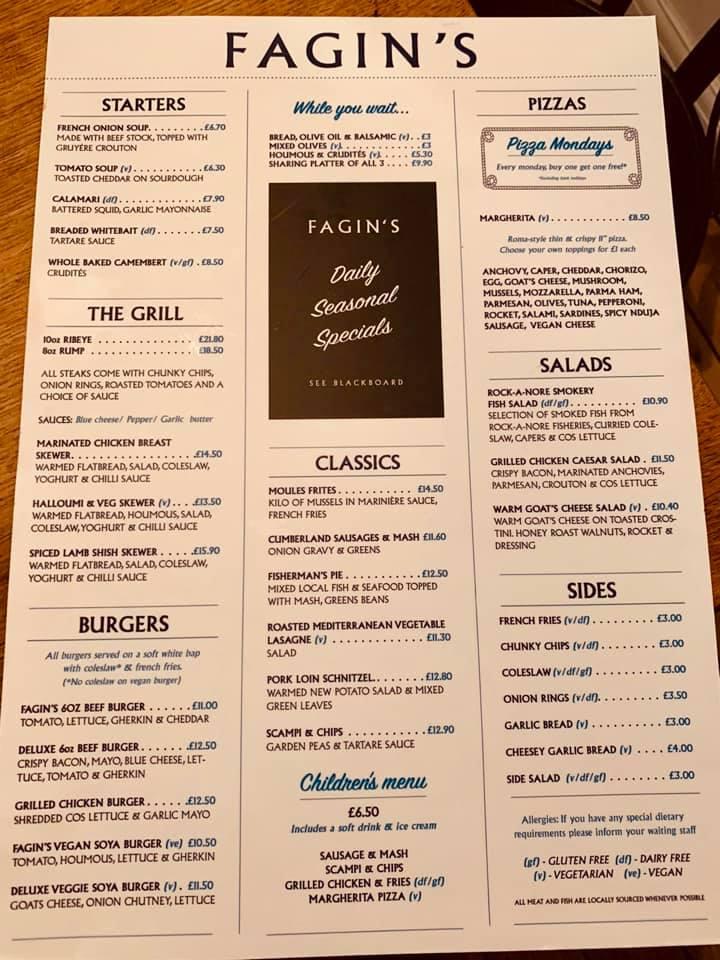 Menu at Fagin's pub & bar, Hastings