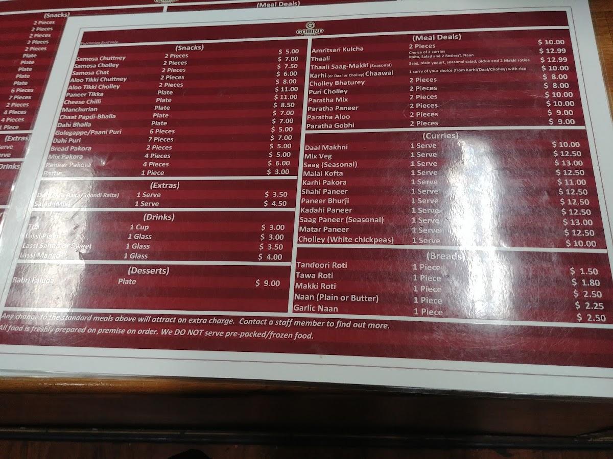 Menu at Gobind Sweets restaurant, Thomastown