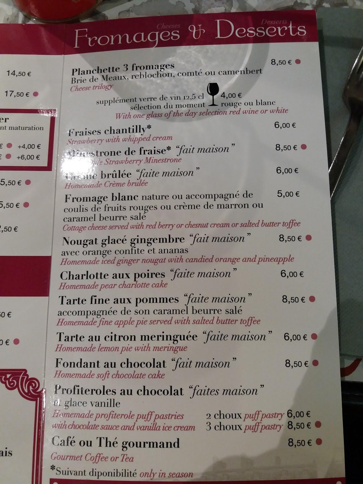 Carta del restaurante Le Bacchus, Fontainebleau