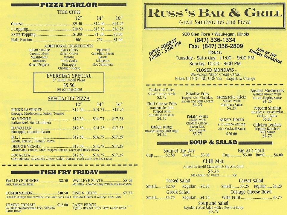 Menu at Russ's Bar and Grill, Waukegan