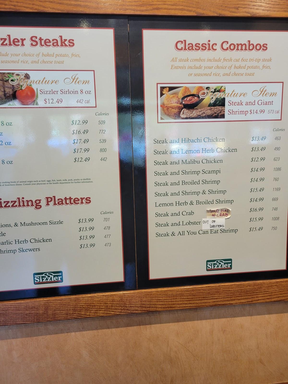 Menu at Sizzler steakhouse, Cedar City