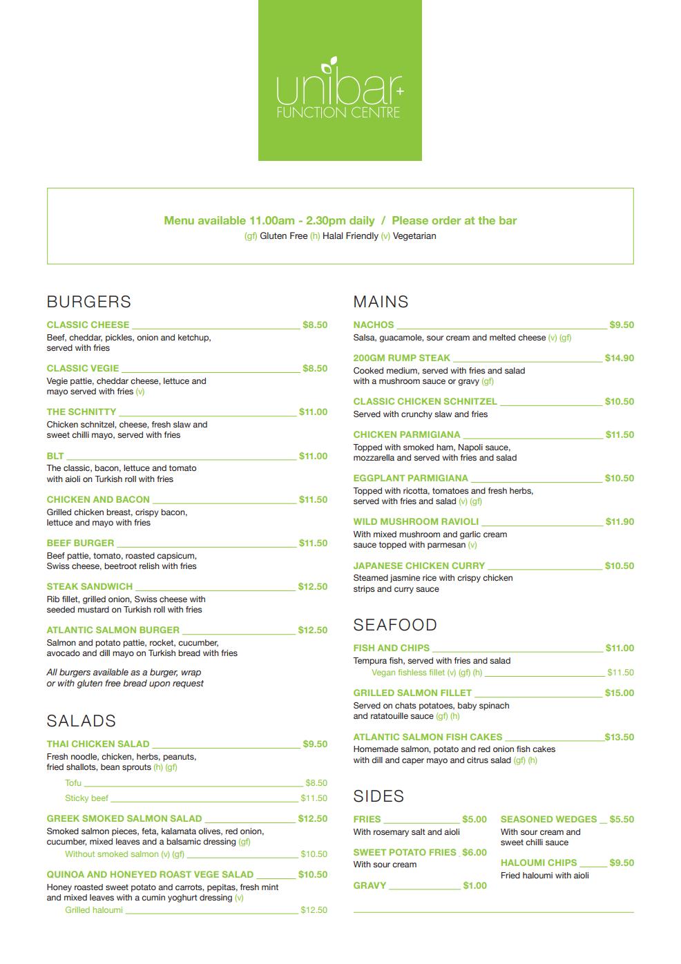 Menu at Uni Bar & Function Centre (N71), Nathan