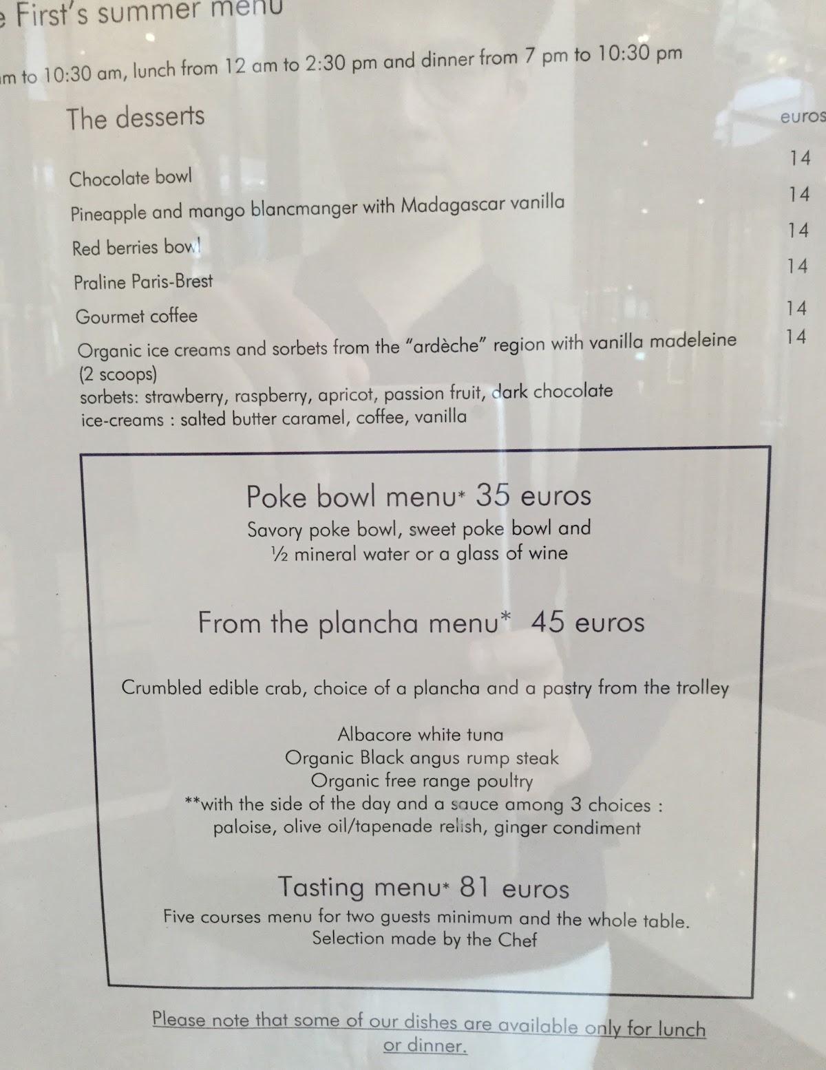 Menu at Le First restaurant, Paris, 234 Rue de Rivoli